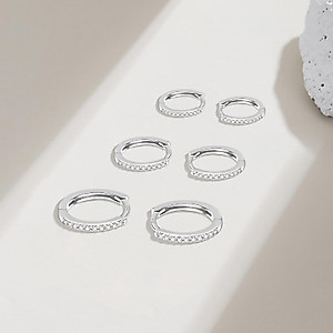 3 pairs Sterling Silver Hoop Earrings for Women 14K White Gold Plated Small Silver Hoop Earrings Cubic Zirconia Huggie Hoop Earrings for Men(Silver 8/10/12mm)