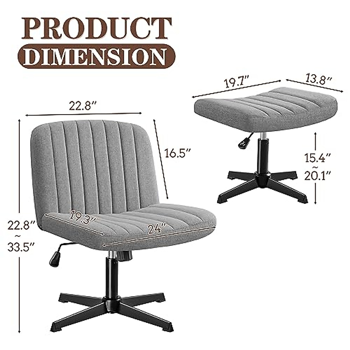 Kemon Armless Desk Chair No Wheels with Ottoman, Cross Legged Fabric Home Office Chairs, Height Adjustable Padded Wide Seat, Modern Swivel Computer Task Chair for Living Room, Grey