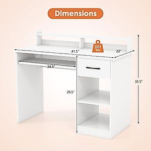 IFANNY Computer Desk, Office Desk with Drawers, Hutch, Keyboard Tray & Adjustable Shelf, Small Desk with Storage, Modern Home Office Desks, White Desk for Bedroom, Living Room, Study (White)