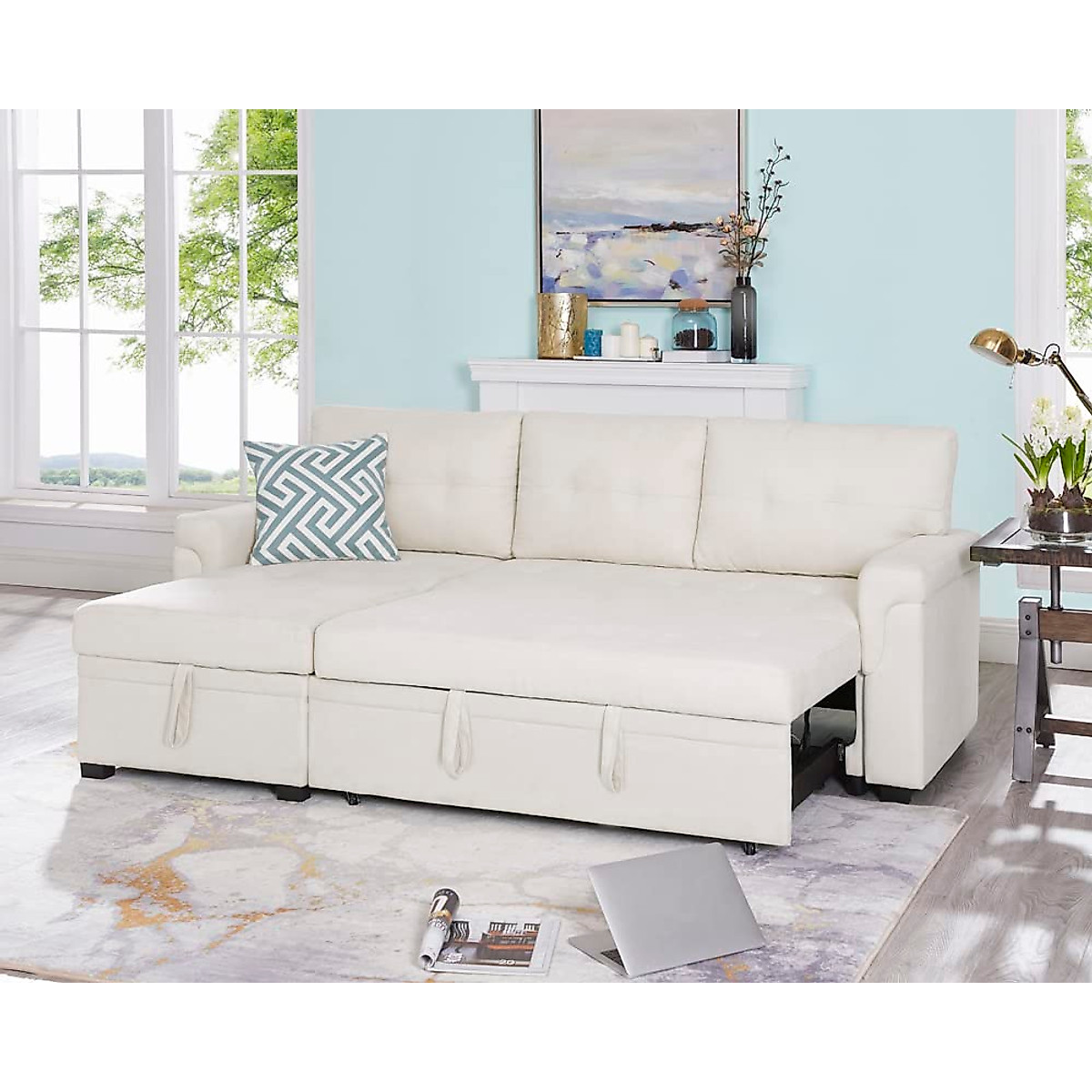 Naomi Home 85 in. Convertible Sofa with Storage, Reversible L Shape Sofa Couch with Chaise, Comfy Sectional Couches for Living Room, Cream - Velvet