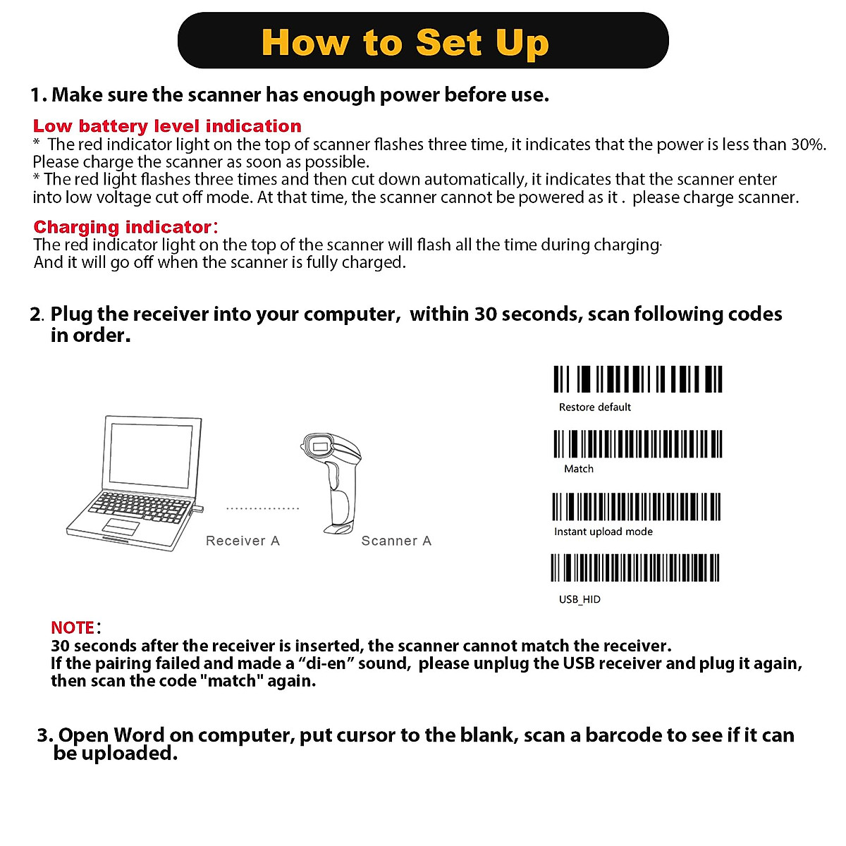 NADAMOO Wireless Barcode Scanner 328 Feet Transmission Distance USB Cordless 1D Laser Automatic Barcode Reader Handhold Bar Code Scanner with USB Receiver for Store, Supermarket, Warehouse