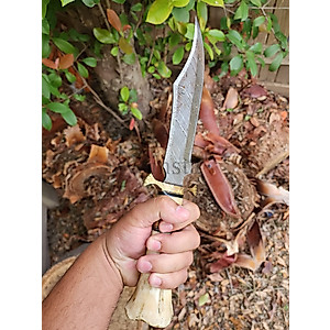 Vainsta Fixed Blade Knife with Sheath 15 Inch Handmade Custom Damascus Hunting Knife, Hand Forged Classic Bowie Knife with Camel Bone Handle for Firm Grip, white