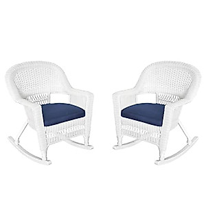 Jeco Rocker Wicker Chair with Blue Cushion, Set of 2, White