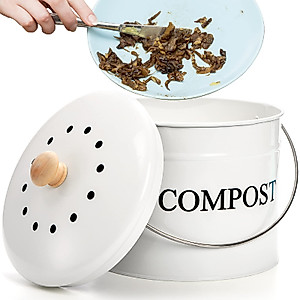 AVLA Compost Bin Kitchen Countertop, 1 Gallon Composter Pail, Food Waste Composting Bucket, Odorless Trash Keeper Container, White Scraps Caddy with Charcoal Filter, Carrying Handle, Lid