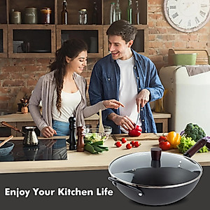 Vegoran Carbon Steel Wok Pan,12.5" Non-Stick Woks & Stir-Fry Pans with Glass Lid,No Chemical Coated Flat Bottom Iron Wok for Induction,Electric,Gas,Halogen,All Stoves-Practical Gift (12.5")