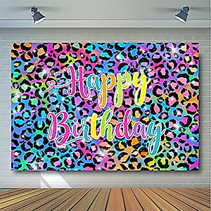 Avezano Neon Rainbow Leopard Birthday Backdrop for Girl's Sparkly Paint Splatter Cheetah Party Decorations Photography Background Rainbow Leopard Print Pattern Party Photoshoot Backdrops (7x5ft)