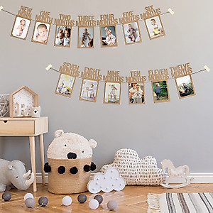 PartyHooman 1st Birthday Photo Banner for Baby from Newborn to 12 Months, First Birthday Decorations Boy or Girl Monthly Milestones Garland | First Birthday Photo Banner Pre-strung with Frame (Kraft)