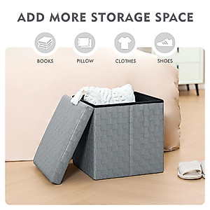 B FSOBEIIALEO Storage Ottoman, Faux Leather Footrest Seat, Ottoman with Storage Cube Toy Box Chest, 15"x15"x15" (Grey, Medium)