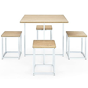 KOTEK Dining Table Set for 4, Kitchen & Dining Room Table Sets with 4 Square Stools, Metal Frame, 5 Piece Compact Kitchen Table and Chairs for Small Space (Beige & White)