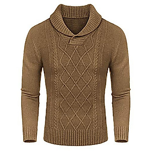 COOFANDY Men's Shawl Collar Sweaters V-Neck Cotton Relaxed Fit Cable Pullover (Khaki, XXX-Large)