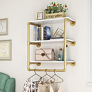 HOMEKAYT Industrial Pipe Shelving Wall Mounted Rustic Wood Shelf Industrial Floating Shelves (Gold 3-Tier, 24'')