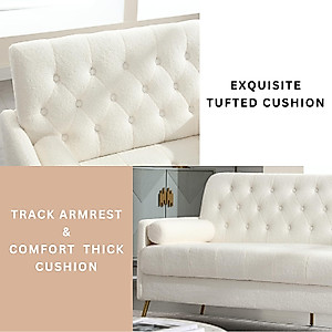 60” Couch Sofa, Mid Century Modern Upholstered Loveseat Sofa Tufted Small Sofa Faux Fur Love Seat Couch Track Armrest with 2 Bolster Pillows for Small Space Living Room Bedroom Apartment, White Sherpa