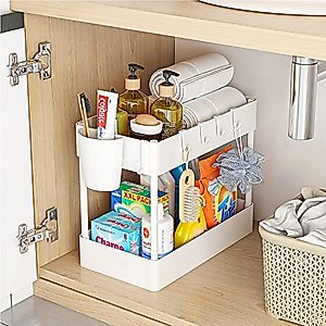 Under Sink Organizer, AIYAKA 2 Tier Storage Rack, Under Cabinet Organizer Baskets with 6 Hooks and 1 Cup for Bathroom Kitchen Pantry Bedroom, White