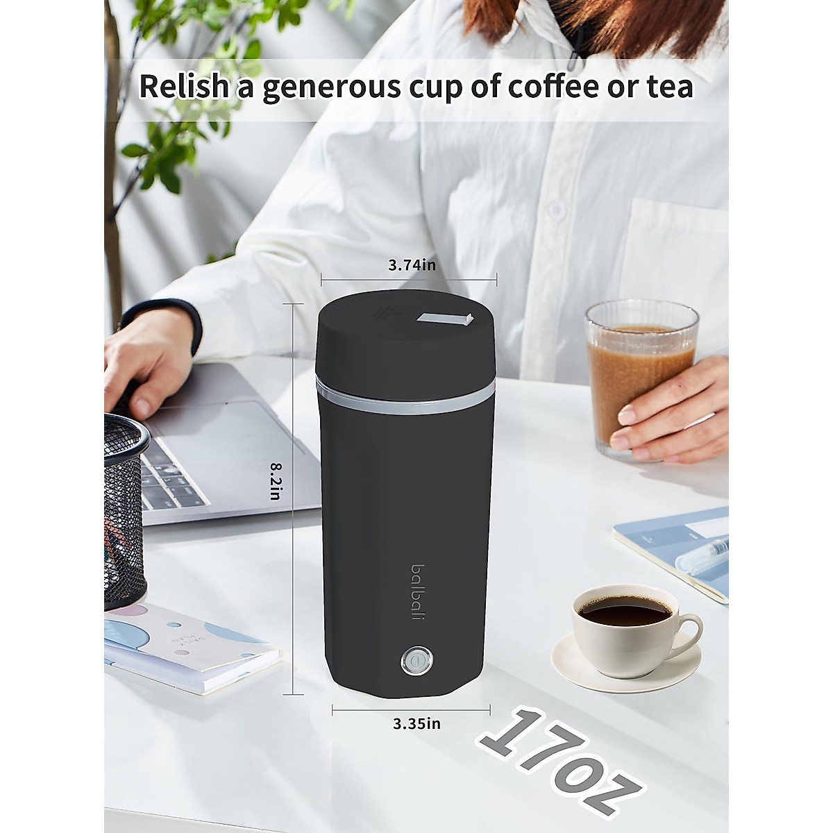 balbali 17oz Travel Kettle Portable Electric Kettle - Mini Hot Water Boiler/Maker/Heater/Warmer for Tea - Small Electric Thermos Heated Travel Mug - Portable Kettle for Travel - Black