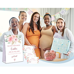 Blush Pink Floral Baby Shower Game, Guess How Many Candies Are in the Jar, Pack of 1 Sign and 50 Guessing Cards, Baby Shower Decoration, Gender Neutral - 02