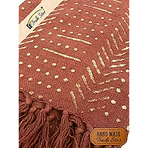 Trade Star Decorative Ethnic Block Print Throw Blanket for Couch 100% Cotton Soft Tassel Blanket Handmade Mudcloth Throw for Home Handloomed Housewarming Gift (Rust, Snow (120 x 170 Cms))