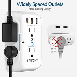 LENCENT USB Wall Charger, Surge Protector 6 Outlet Extender with 3 USB Ports, 1728J Power Strip Multi Plug,3-Sided Widely Spaced Adapter Multiple Expander,Mountable Wall tap for Home Travel Office