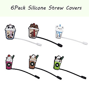 Fepdiu 6pcs Straw Covers Cap for Stanley Cup,6-8mm Cartoon Straw Cover,Reusable Drinking Silicone Straw Covers,Dust Proof Straw Toppers Covers for Stanley Cup Accessories