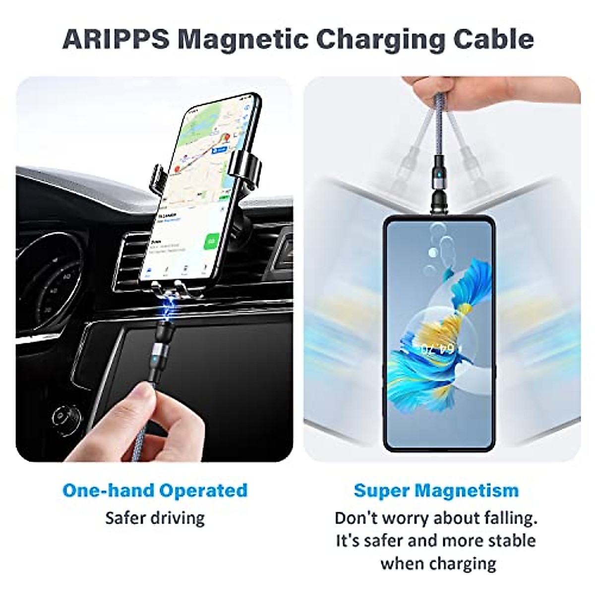 Aripps Magnetic Charging Cable 4 Pack (3.3ft/6.6ft/6.6ft/10ft), 540 Degree Rotating Magnetic Phone Charger Cable, 3 in 1 Nylon Braided Magnetic USB Cable for Type C, Micro USB