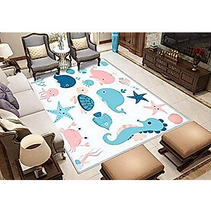 Cute Vector Ocean Set with sea Creatures for Girls and Boys Summer Area Rugs Floor Mat Non Slip Throw Rugs Soft Door Mat Nursery Carpet for Living Room Home Indoor Outdoor Runner Rugs Yoga Mat