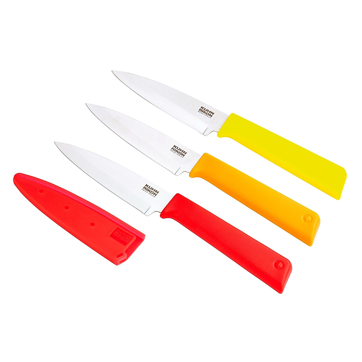 Kuhn Rikon Non-Stick Straight Paring Knife with Safety Sheath, Set of 3, 4 inch/10.16 cm Blade, Red, Orange and Yellow
