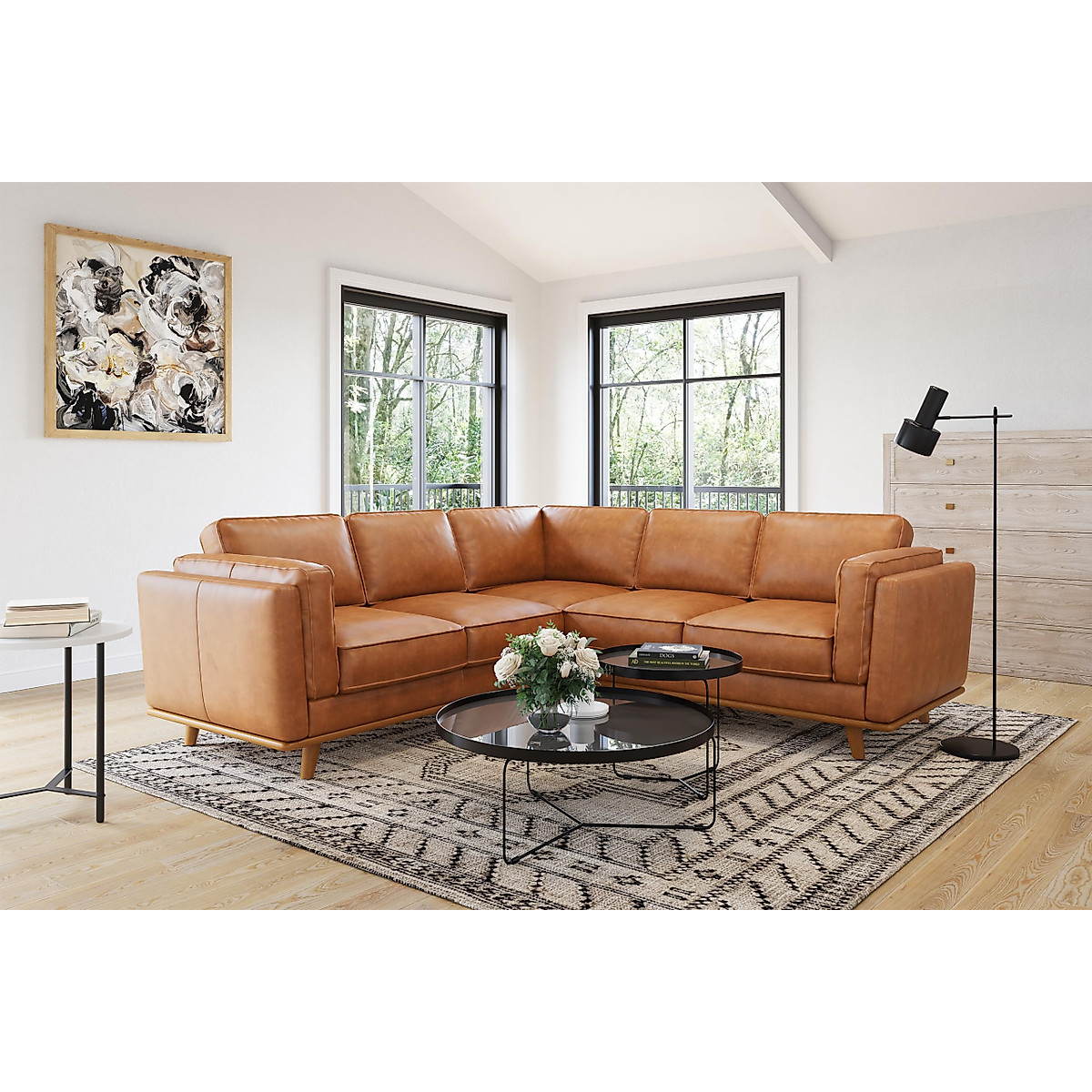 Valencia Artisan Full Leather Sofa - Pure Full Italian Nappa Leather Couch, Solid Wood Accent, Ultimate Comfort (Cognac, L-Shape Sectional)