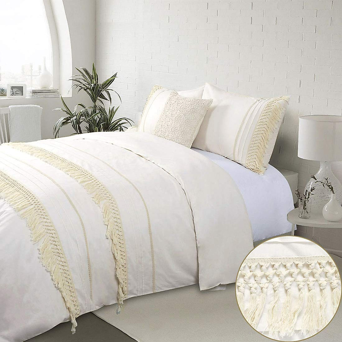 YINFUNG Tassel Duvet Cover Set Queen Fringed Cotton Boho Macrame Crochet Ivory Cream Fringed Elegant Pretty Boho Chic Bohemian Off White Bedding Set 90x90 Textured 3Pieces Quilt Cover Beige Women