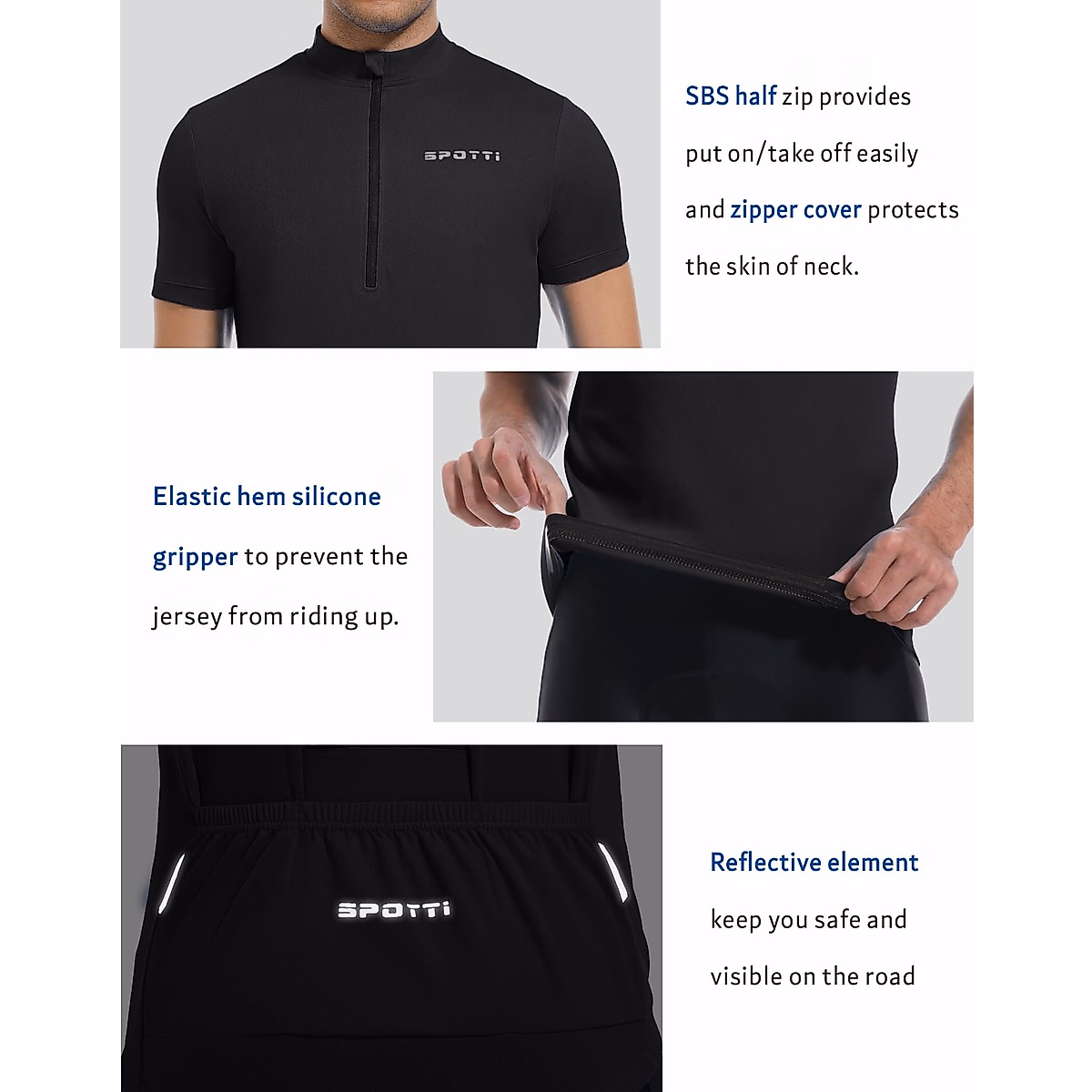 Spotti Men's Cycling Bike Jersey Short Sleeve with 3 Rear Pockets- Moisture Wicking, Breathable, Quick Dry Biking Shirt Black