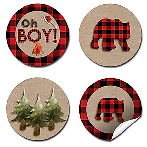 Oh Boy! Outdoorsy Red and Black Plaid Lumberjack Boy Baby Shower Kiss Sticker Labels, 300 0.75” Circle Sticker for Chocolate Kisses by Amanda Creation, Great for Favors, Treats, Envelopes & Goodie Bag