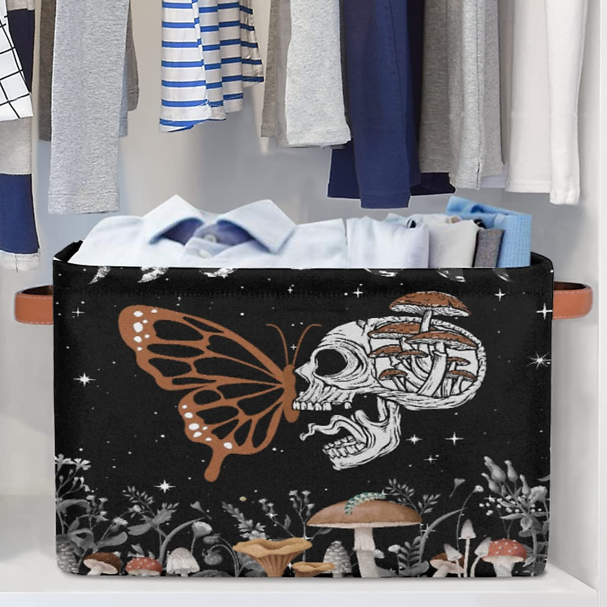 OMFUNS Skull Butterfly Storage Basket, Mushroom Star Foldable Storage Bin with Handle Fabric Rectangular Storage Box Organizer for Closet Shelf Home Office Nursery Toy Basket, 1 Pack