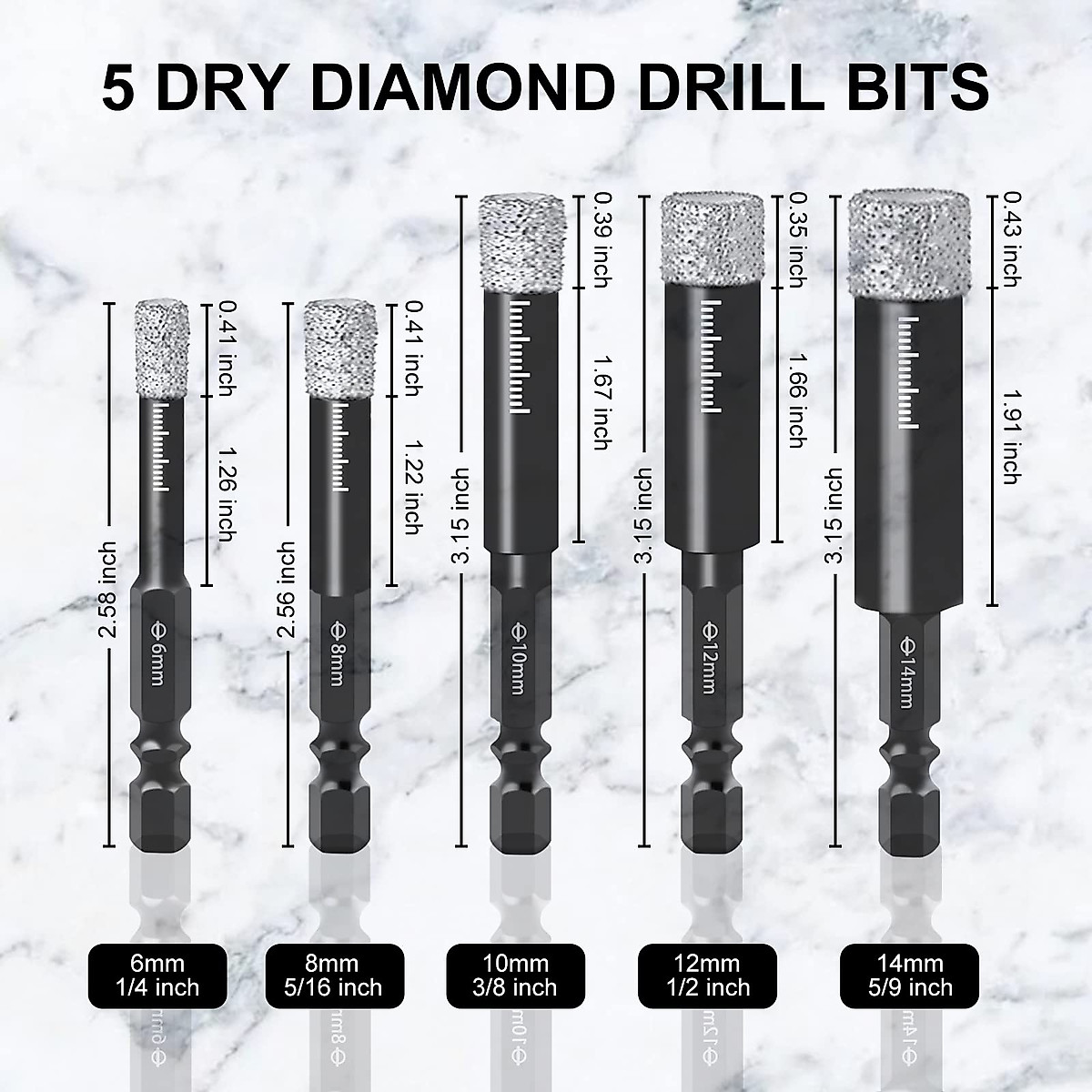 Quapkatt Dry Diamond Drill Bits Set 5 PCs for Granite Tile Ceramic Marble Stone Glass Size 1/4, 5/16, 3/8, 1/2, 5/9 inch with Quick Change Hex Shank Vacuum Brazed Diamond Core Drill Bit Kit