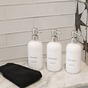 Stylish Shampoo and Conditioner Dispenser Set of 3 - Modern 21oz Shower Soap Bottles with Pump and Labels - Easy to Refill Body Wash Dispensers for an Instant Bathroom Decor Upgrade - White