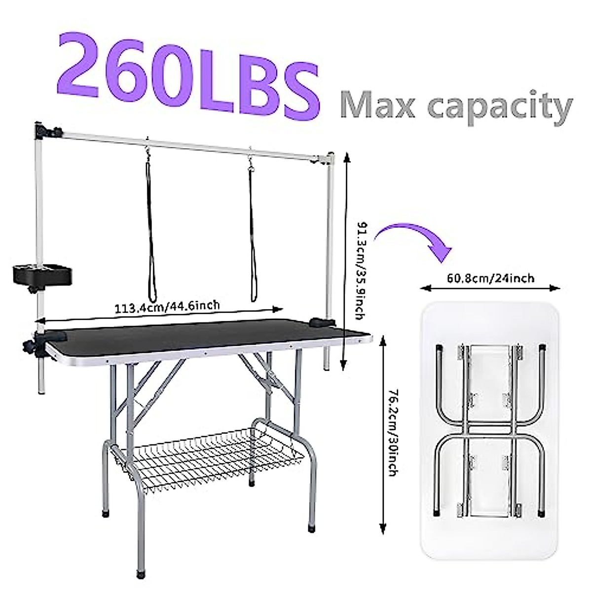 LEIBOU 45'' Professional Foldable Heavy Duty Dog Pet Grooming Table with Tool Holder H-Shape Arm & Noose & Mesh Tray, Maximum Capacity Up to 260lbs, Black
