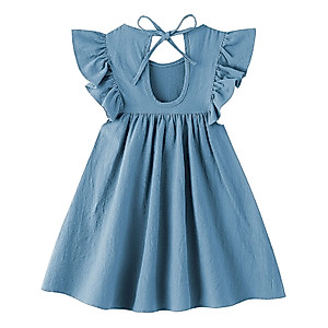 Dutebare Toddler Baby Girl Dress Cotton Linen Ruffle Halter Sleeveless Dresses Kids Summer Sundress Blue 100
