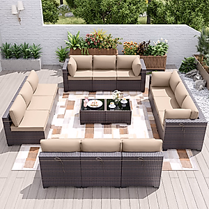 Delnavik Patio Furniture Set 14-Pieces Outdoor Furniture for Backyard Wicker Sectional Sofa Set, Rattan Patio Conversation Set with Thickened Cushions and Glass Coffee Table, Sand