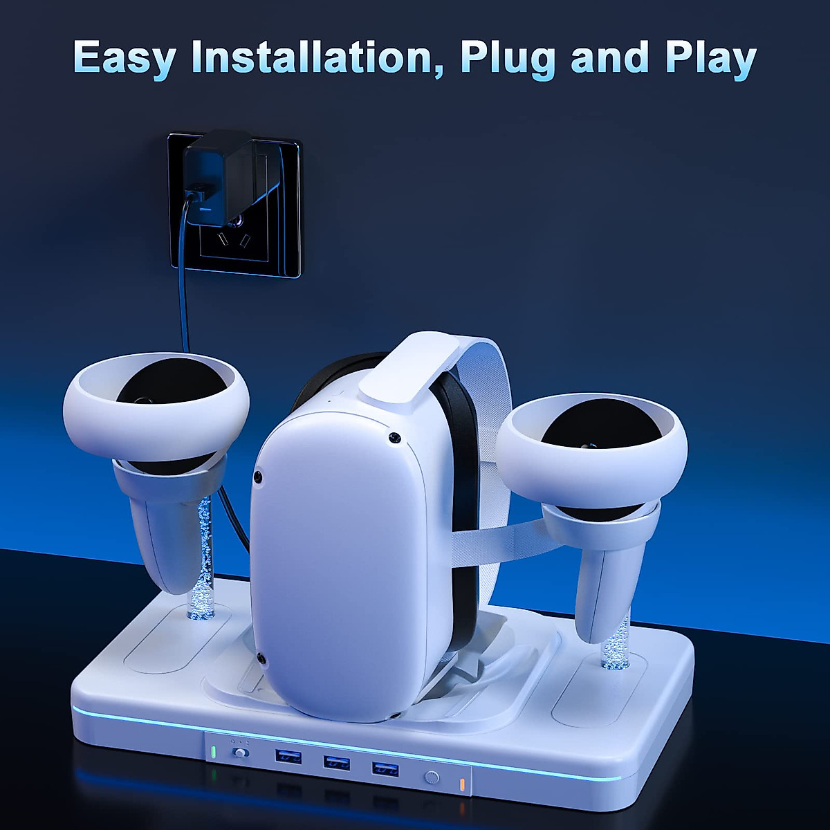 VR Charging Dock for Oculus Quest 2/Meta Quest 2, VR Accessories Charging Station with 2 Rechargeable Batteries Support Colorful Lights