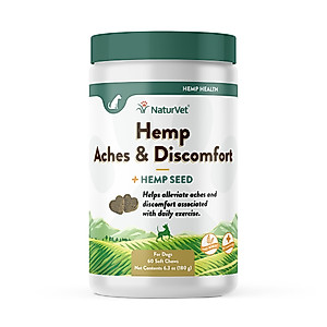 NaturVet Hemp Aches & Discomfort Plus Hemp Seed for Dogs, 60 ct Soft Chews, Made in The USA