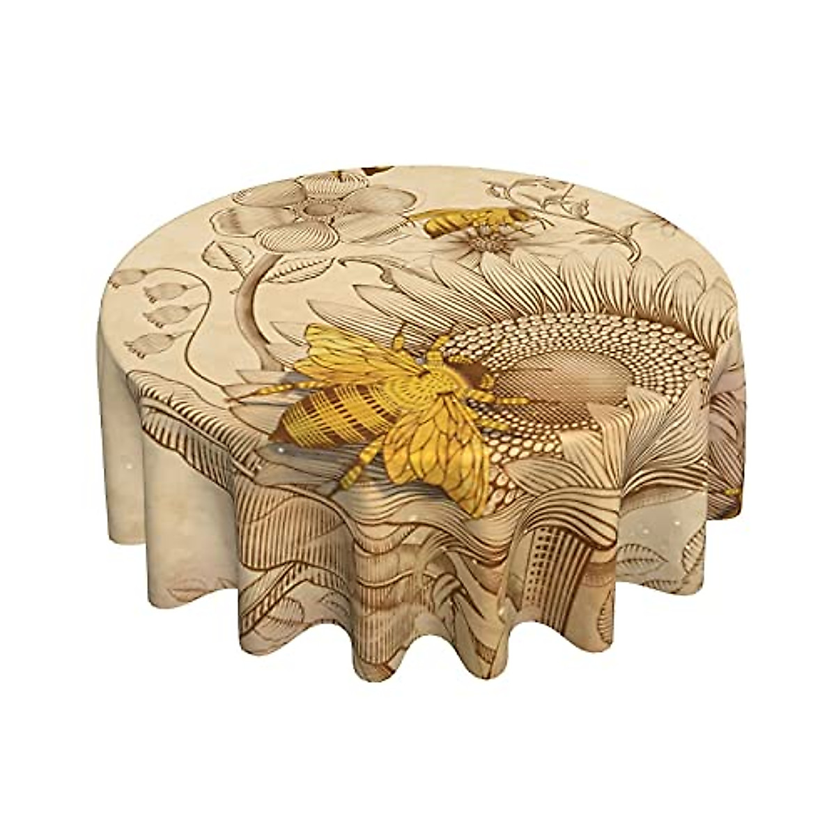 Vintage Bee Sunflower Tablecloth Round Washable Table Cover for Kitchen Dining Picnic Party Indoor Outdoor Table Mats 60 inch