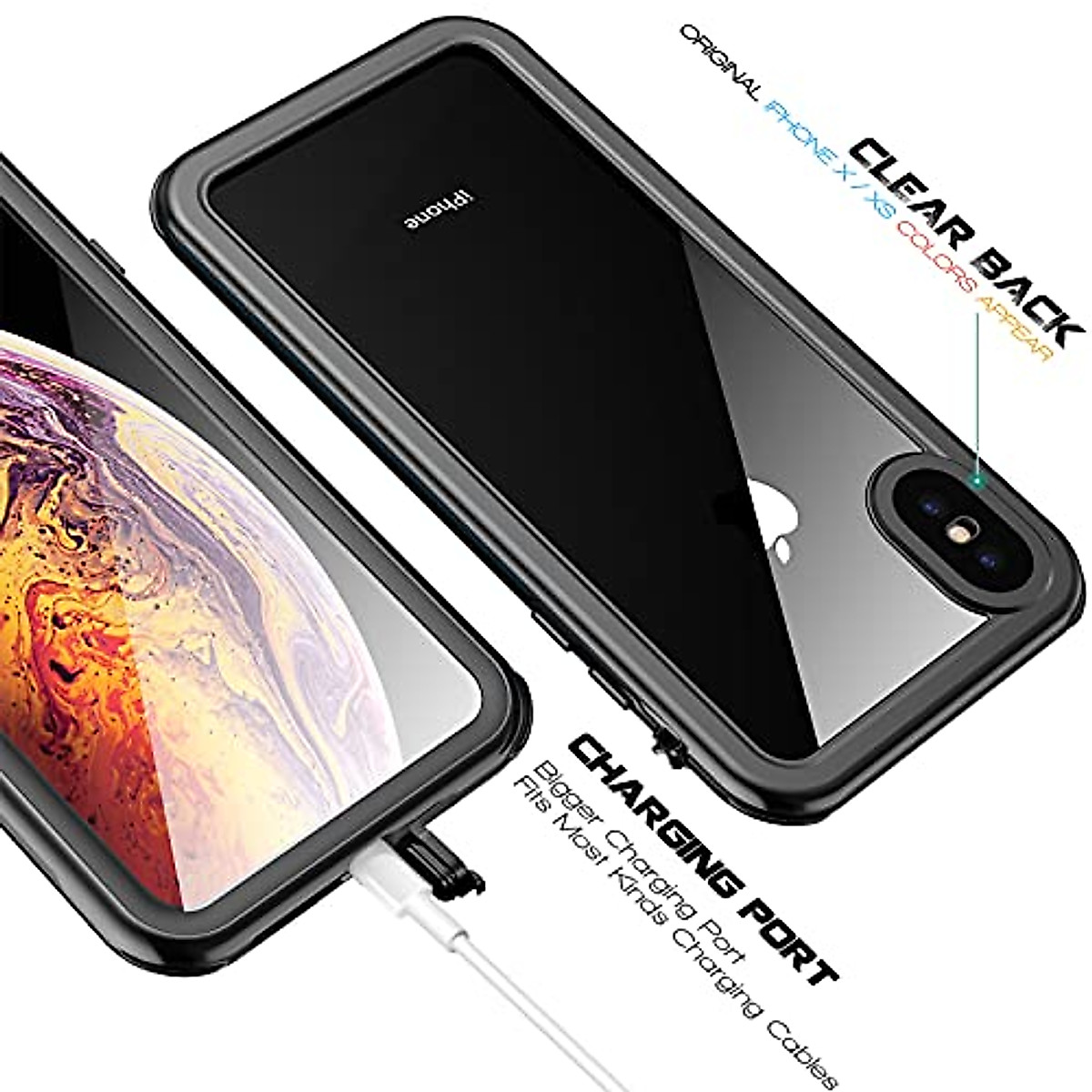 Eonfine for iPhone X Case/iPhone Xs Case Waterproof, Built-in Screen Protector Full-Body Clear Call Quality Heavy Duty Shockproof Cover Case for iPhone X/iPhone Xs (Black)