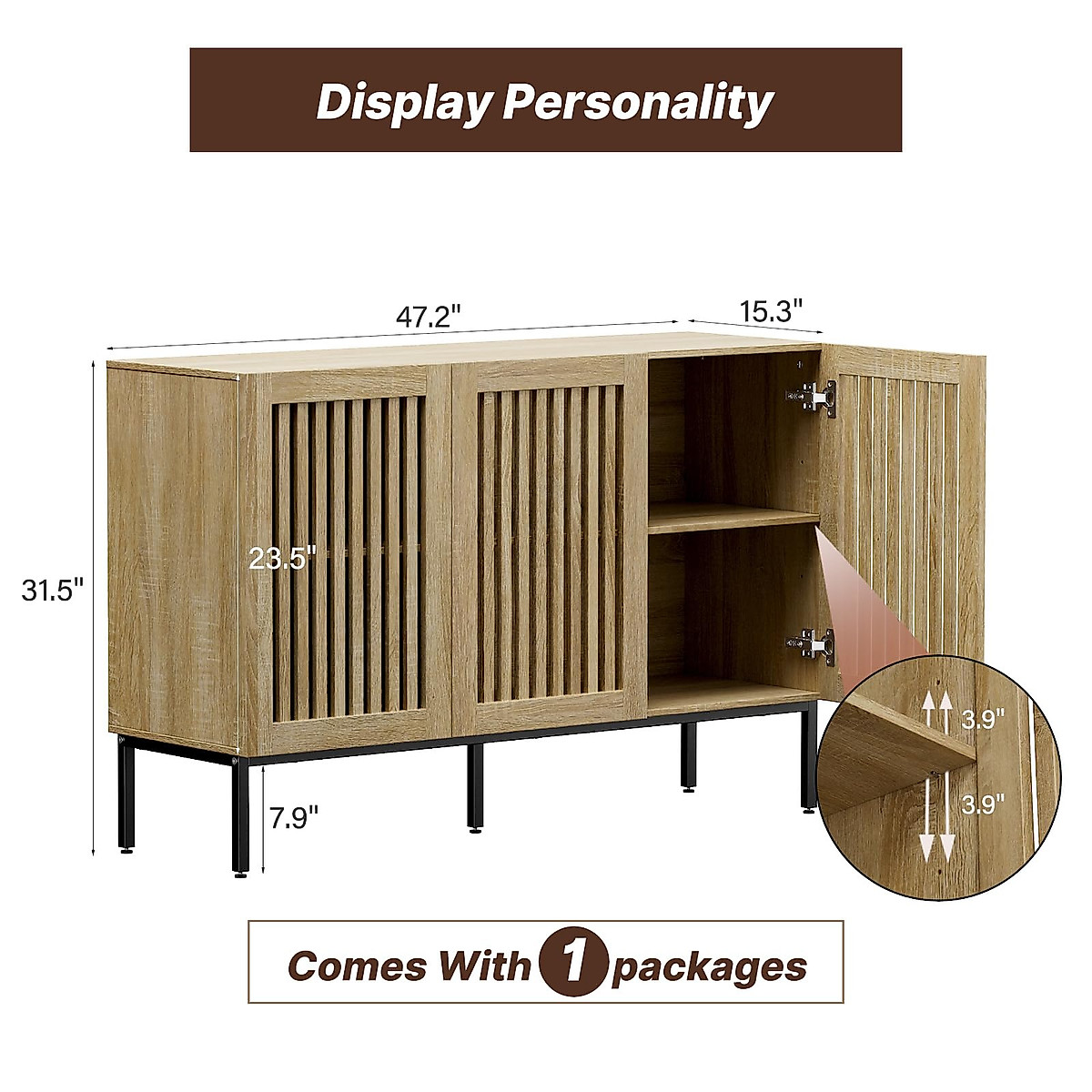 BVIUNTWO Buffet Cabinet with Storage,47.2" Farmhouse Console Table with Metal Base and Adjustable Shelves,Sideboard Coffee Bar Cabinet with 3 Doors for Bedroom,Dining Room,Living Room,Oak