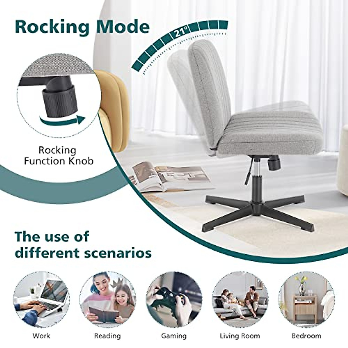 Criss Cross Chair No Wheels, Swivel Criss Cross Legged Chair, Modern Fabric Vanity Chair, Height Adjustable Wide Armless Chair for Small Spaces (Grey)