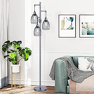 Dimmable Industrial Floor Lamps for Living Room, Gray Tree Standing Tall Lamps with 3 Elegant Teardrop Cage Head & 800 Lumens LED Bulbs for Bedroom Office