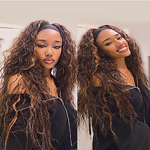 SOMIARIK Headband Wigs for Black Women Natural Hairline Synthetic Brown Loose Curly None Lace Front Wigs for Black Women Glueless Machine Made Wig Wavy pre plucked Headband Wigs 26 Inch