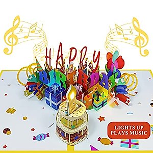 YIXIN Musical Birthday Cards with Light and Music, Blowable, 3D Birthday Popup Cards, Blow Out LED Light Candle– Plays Hit Song 'HAPPY Birthday' (Birthday Card)