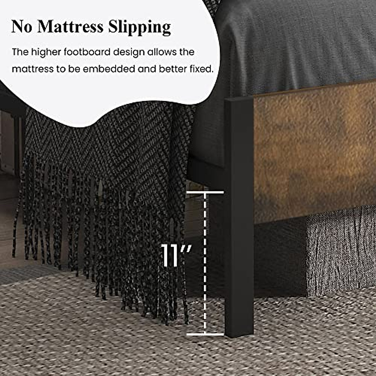 SHA CERLIN Queen Size Metal Platform Bed Frame with Wooden Headboard and Footboard/Mattress Foundation/No Box Spring Needed/Non-Slip Without Noise/Black&Brown