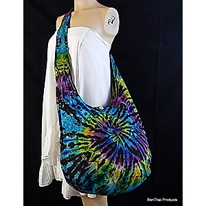 BTP! Tie Dye Sling Crossbody Shoulder Bag Purse Hippie Hobo Cotton Bohemian Colorful Firework, Random Spiral Dark Tone, Large