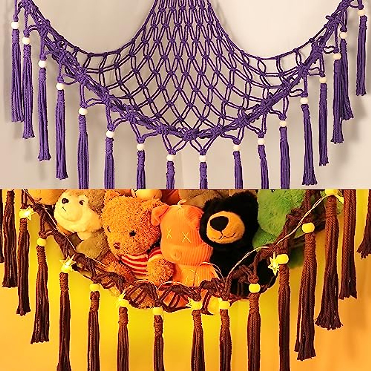 Razella Purple Stuffed Animal Net or Hammock with LED Light Net for Stuffed Animals Corner Plush Animal Storage Hammock for Wall Bedroom Living Boho Kids Room Decor