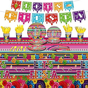 172 Pcs Mexican Themed Fiesta Party Supplies Set Serves 24, Include Fiesta Tablecloth, Let's Fiesta Banner, Mexican Plates and Napkins Tableware Set for Cinco De Mayo Mexican Taco Fiesta Party Decor