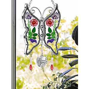 KY&BOSAM Butterfly Suncatcher Stained Glass Hangings for Windows My Precious Sister Sun Catcher Pressed Real Flower Wing in Glass Dream Catchers Birthday Mother`s Day Wind Chimes Charm