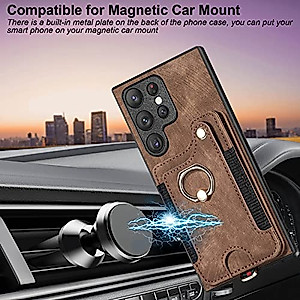 S22 Ultra Case,Card Holder Wallet for Galaxy S22 Ultra Case,Ring Holder Stand,RFID-Blocking,Wrist Strap,Camera Protector,Leather Protective Magnetic Flip Cover for Samsung S22 Ultra Case (Brown)